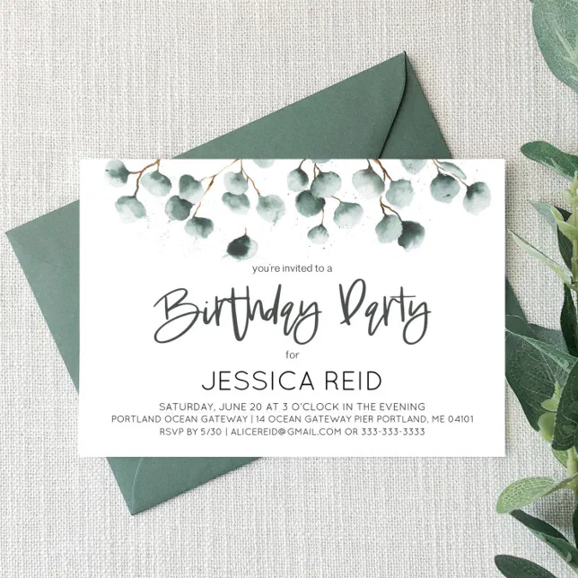 Green Eucalyptus Plant Themed Birthday Party Invitation | Zazzle