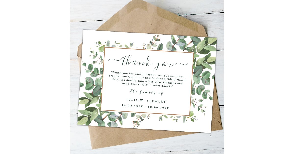 Green Eucalyptus Simple Funeral Thank You Note Card | Zazzle