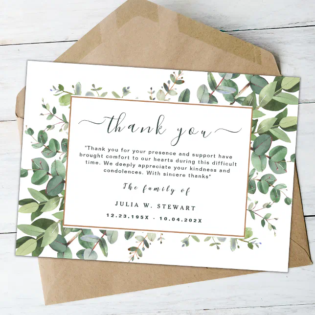 Green Eucalyptus Simple Funeral Thank You Note Card | Zazzle