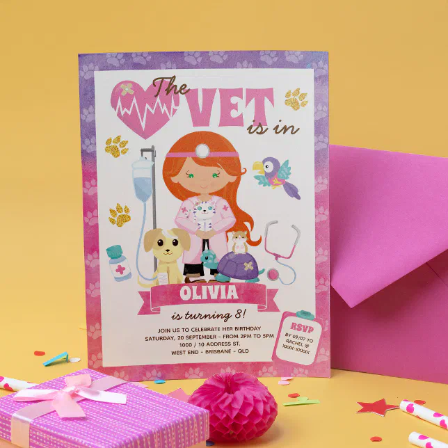 Green Eyes Red Hair Girl Vet Birthday Party Invitation | Zazzle