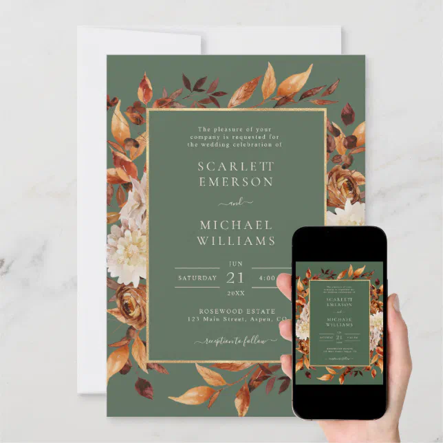 Green Fall Floral Wedding Invitation | Zazzle