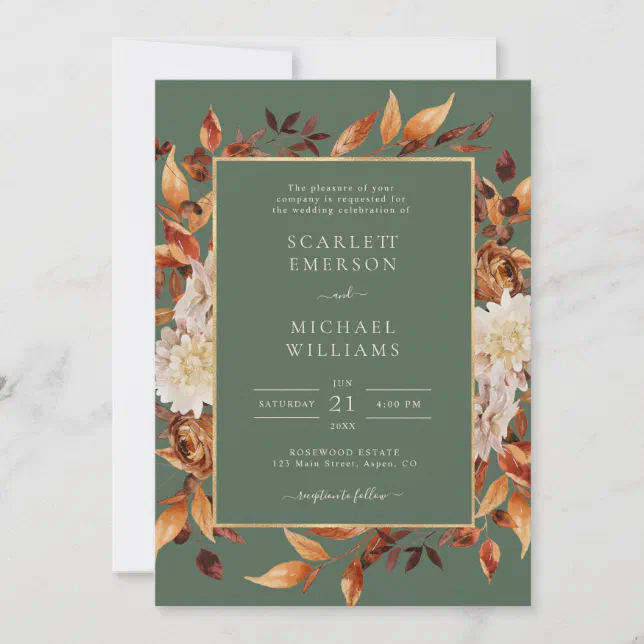 Green Fall Floral Wedding Invitation | Zazzle