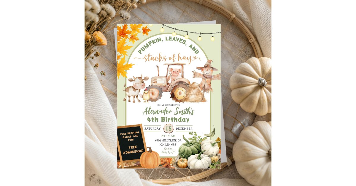 Green Farm Animals Pumpkin Stacks of Hay Birthday Invitation | Zazzle