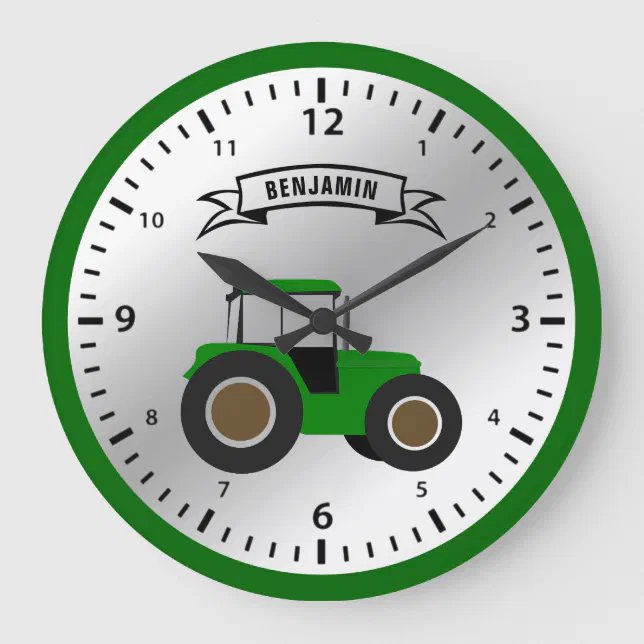 Green Farm Tractor Personalized Name Kids Room Large Clock | Zazzle