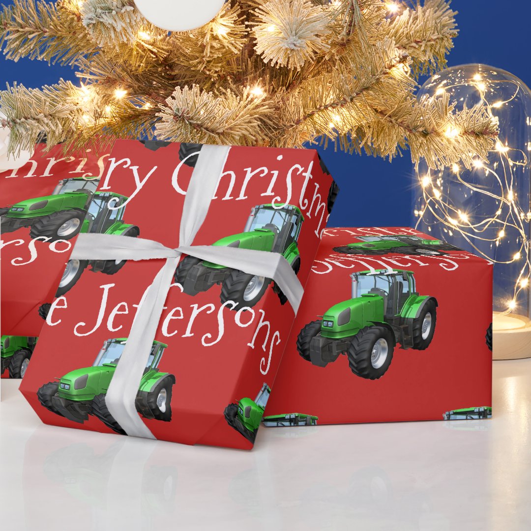 Green Farm Tractors on Red Christmas Wrapping Paper | Zazzle