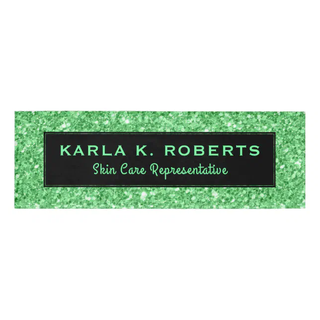 Green faux Glitter Black Accent Name Tag | Zazzle