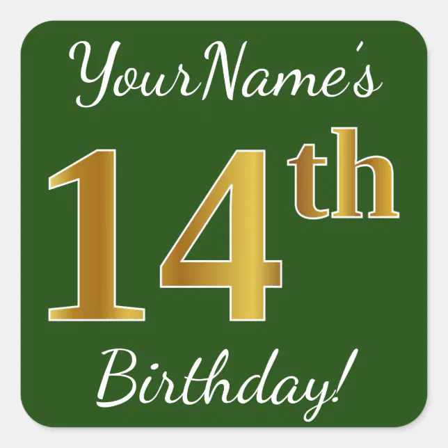 Green, Faux Gold 14th Birthday + Custom Name Square Sticker | Zazzle