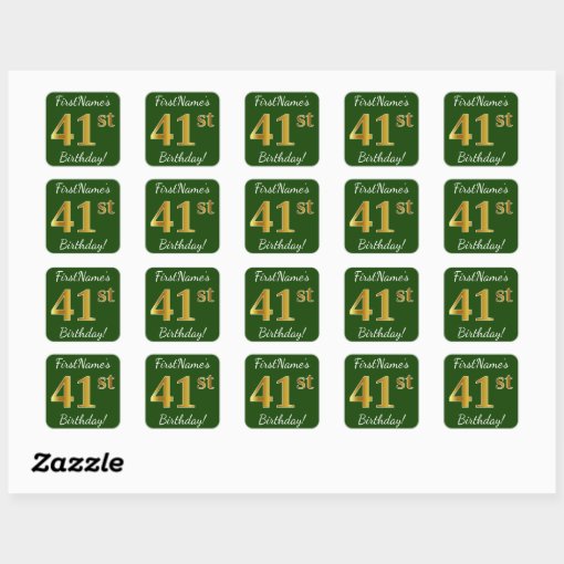 Green, Faux Gold 41st Birthday + Custom Name Square Sticker | Zazzle