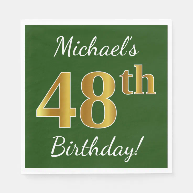 Green, Faux Gold 48th Birthday + Custom Name Napkins | Zazzle