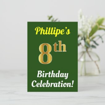 Green, Faux Gold 8th Birthday Celebration + Name Invitation | Zazzle
