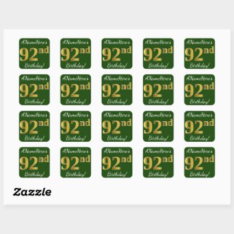 Green, Faux Gold 92nd Birthday + Custom Name Square Sticker | Zazzle