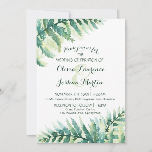 Green Fern Foliage Watercolor Wedding Invitation | Zazzle