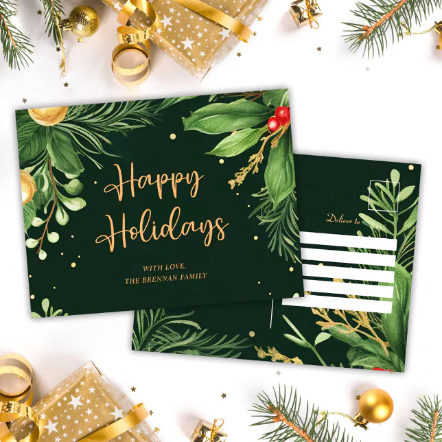 Green Festive Botanical Christmas Elegant Modern Holiday Postcard | Zazzle