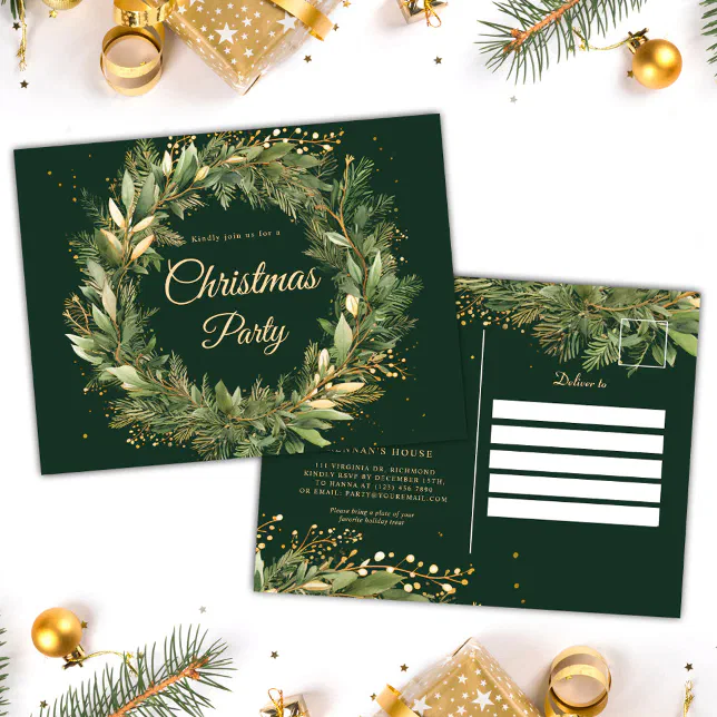Green Festive Botanical Elegant Christmas Party Invitation Postcard ...