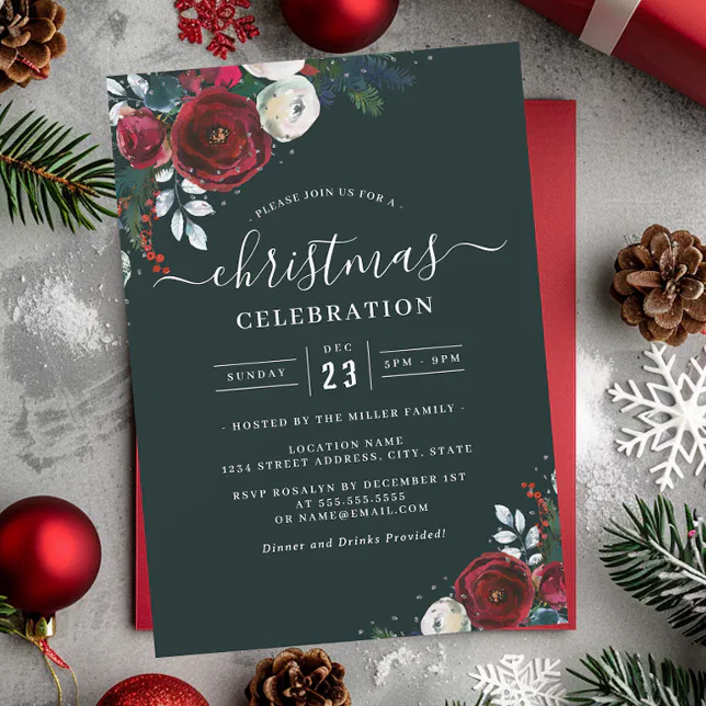 Green Festive Floral Red Christmas Party Invitation | Zazzle