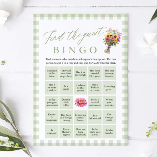 Green Find the Guest Bingo Bridal Shower Game Invitation | Zazzle