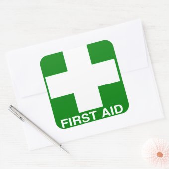 Green First Aid Sign Square Sticker | Zazzle