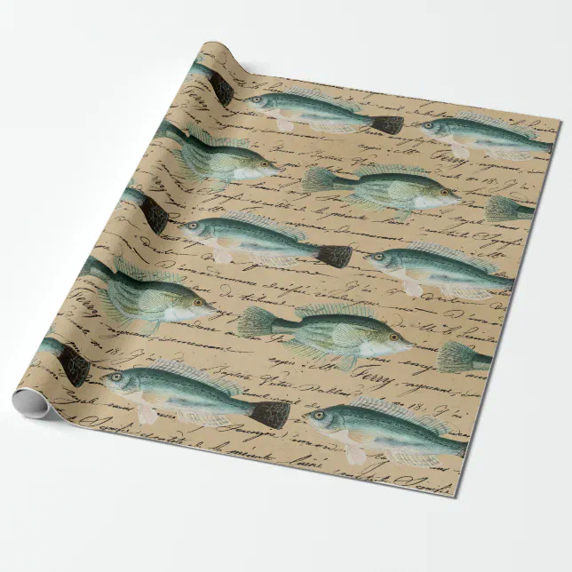 Green Fish and Cursive Writing on Tan Wrapping Paper | Zazzle