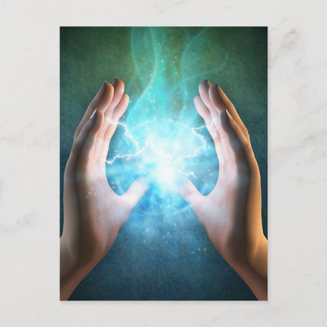 Green flame powerful healing hands postcard | Zazzle
