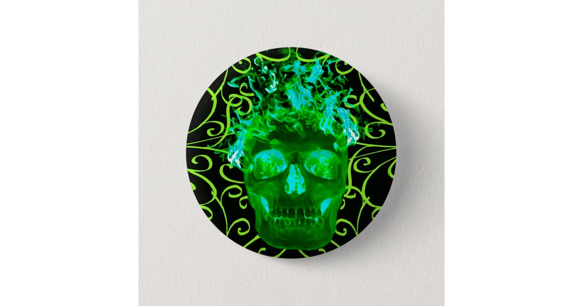 Green Flaming Skull Button | Zazzle
