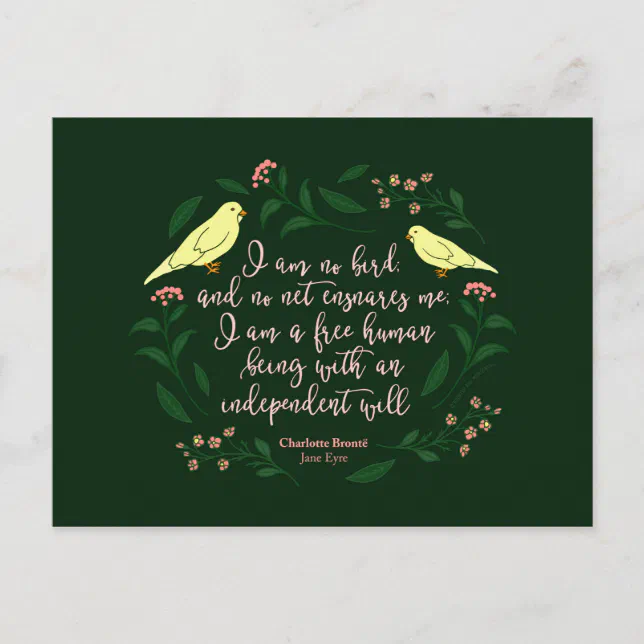Green Floral Bird Charlotte Bronte Jane Eyre Quote Postcard | Zazzle