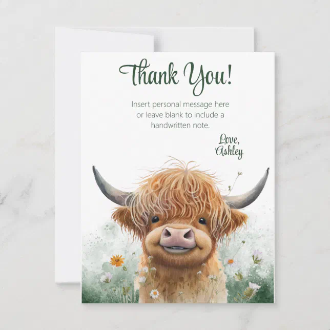 Green floral Highland cow thank you card | Zazzle
