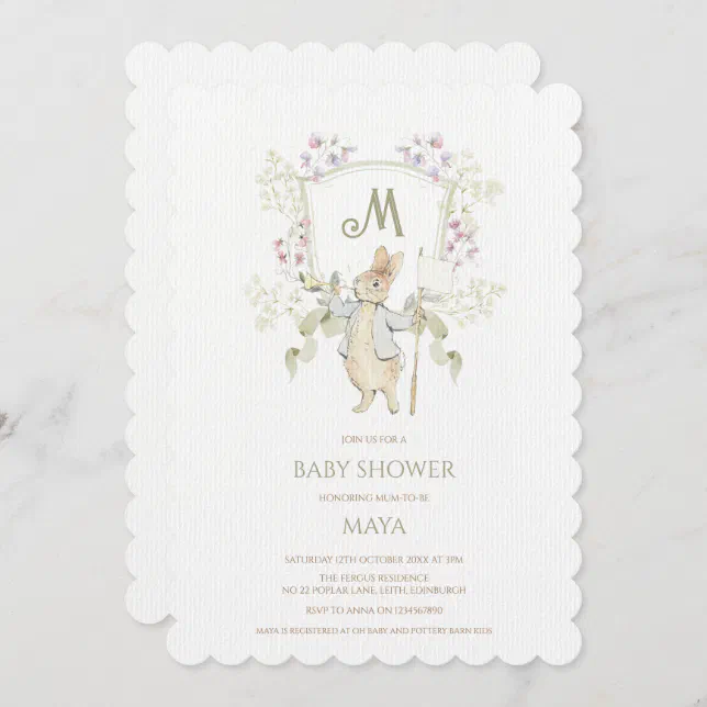 Green Floral Peter the Rabbit Monogram Baby Shower Invitation | Zazzle