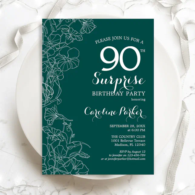 Green Floral Surprise 90th Birthday Party Invitation | Zazzle
