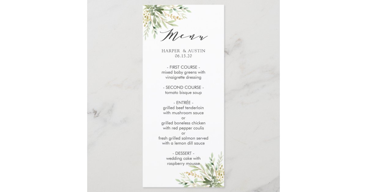 Green Foliage Botanical Wedding Menu | Zazzle