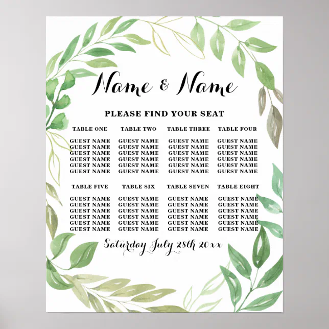 Green Foliage Leaves Table Seating 8 Seating Plan Poster | Zazzle