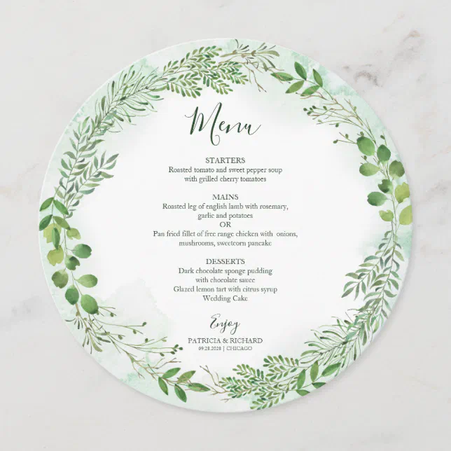 Green Foliage Wreath Greenery Wedding Round Menu | Zazzle