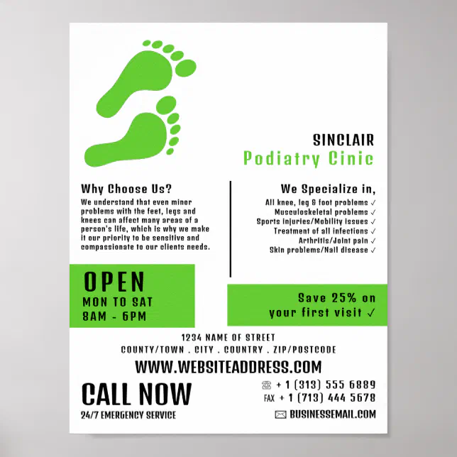 Green Footprints, Podiatry Clinic, Podiatrist Poster | Zazzle