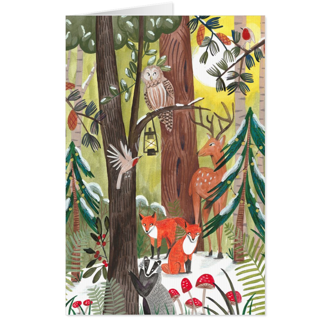 Green forest with woodland animals Christmas Card | Zazzle