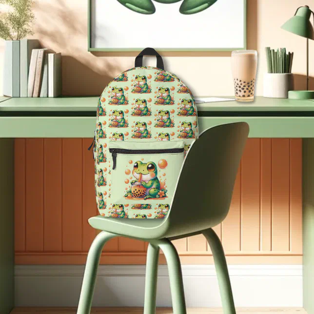 Green Frog Drinking Orange Boba Bubble Tea Printed Backpack | Zazzle