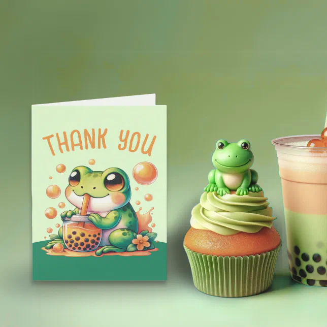 Green Frog Drinking Orange Boba Thank You Card | Zazzle