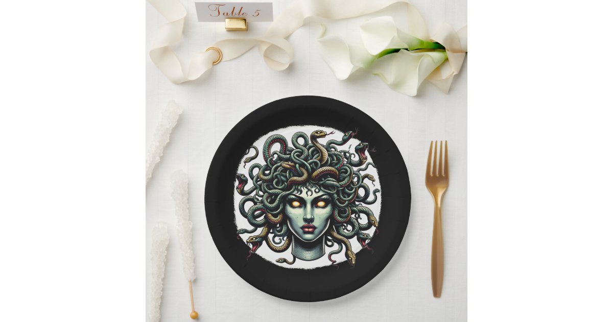 Green Gazing Medusa Head full of Snakes Paper Plates | Zazzle