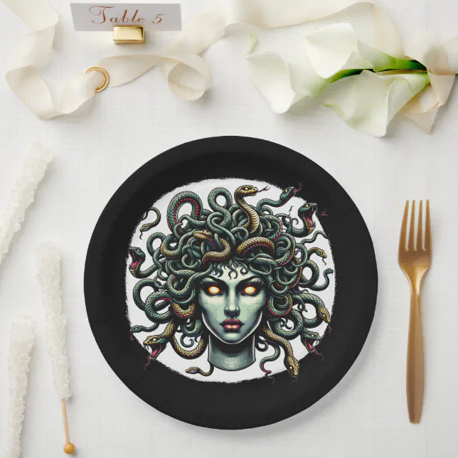 Green Gazing Medusa Head full of Snakes Paper Plates | Zazzle