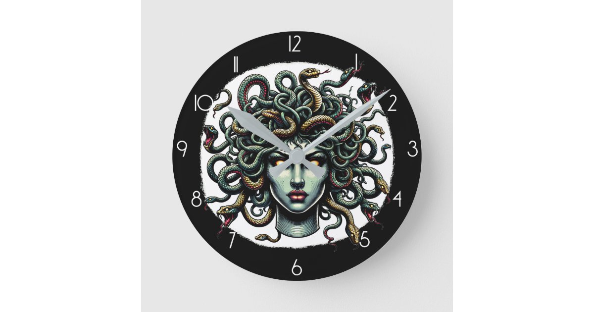 Green Gazing Medusa Head full of Snakes Round Clock | Zazzle