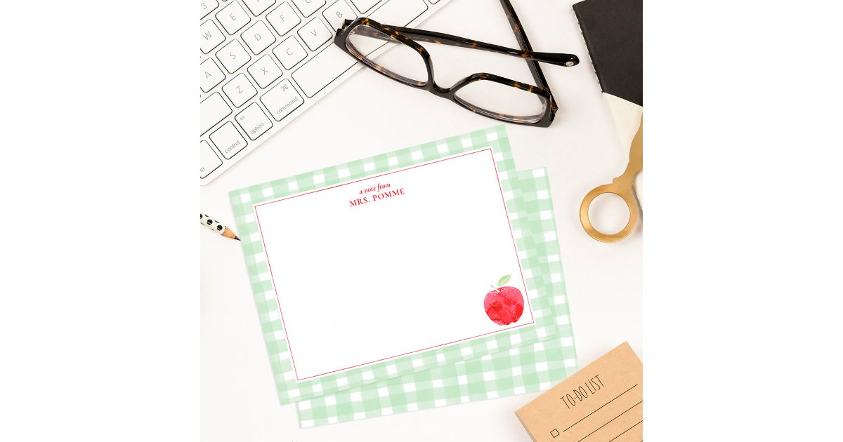 Green Gingham Red Apple Teacher Note Card | Zazzle