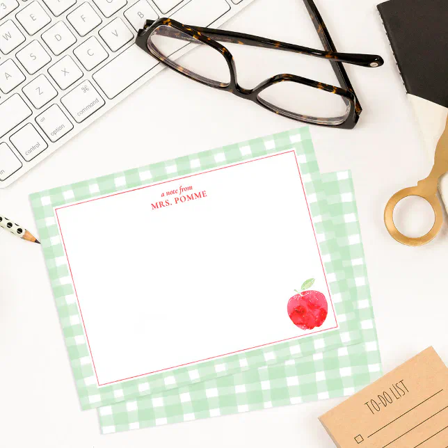 Green Gingham Red Apple Teacher Note Card | Zazzle