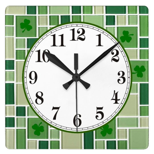 Green Glass Tiles and Shamrocks Square Wall Clock | Zazzle.com