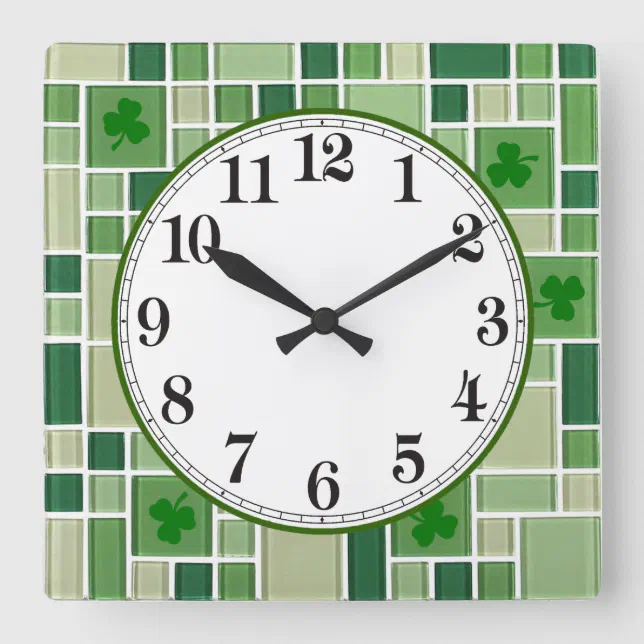 Green Glass Tiles and Shamrocks Square Wall Clock | Zazzle