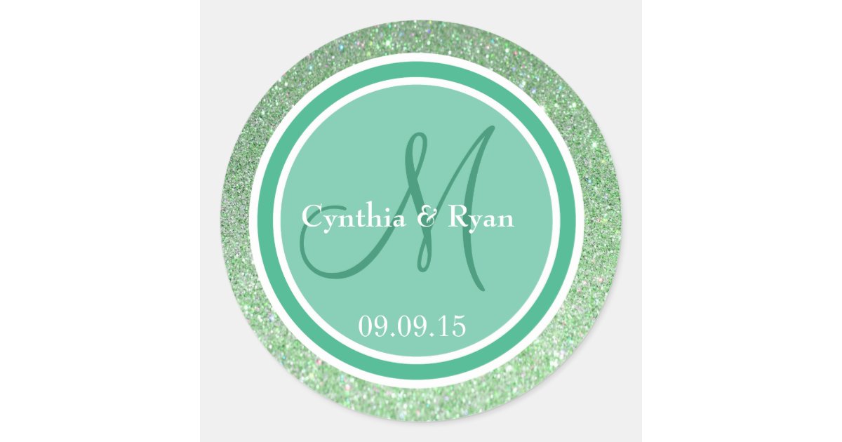 Green Glitter & Mint Wedding Monogram Classic Round Sticker | Zazzle