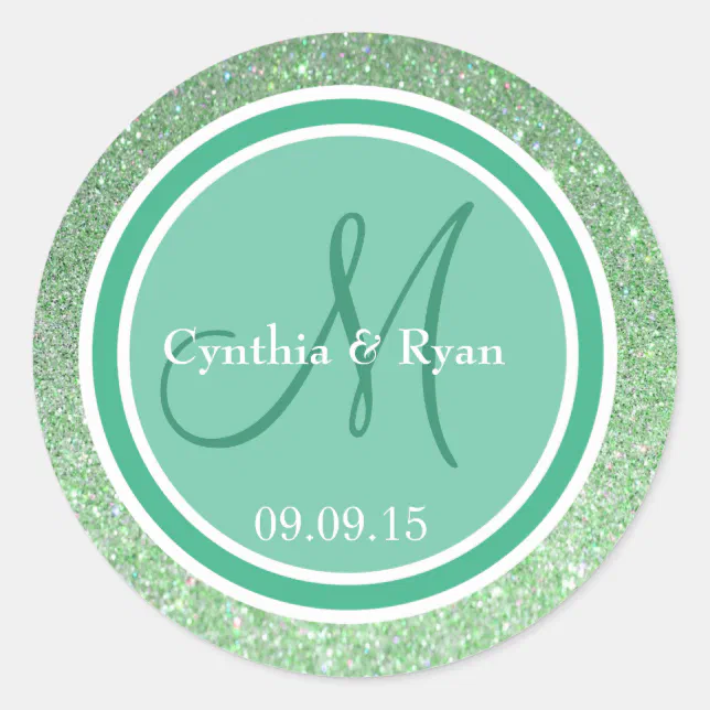 Green Glitter & Mint Wedding Monogram Classic Round Sticker | Zazzle