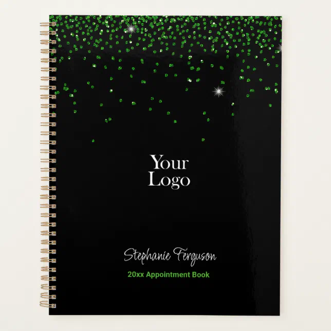 Green Glitter on Black Background Weekly Monthly Planner | Zazzle