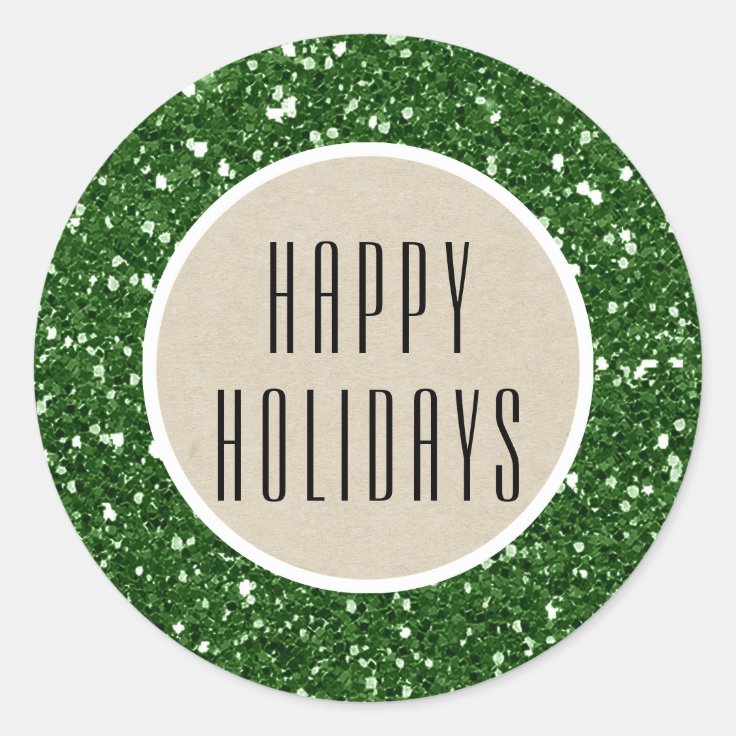 Green Glitter & Rustic Kraft Holiday Sparkle Favor Classic Round ...