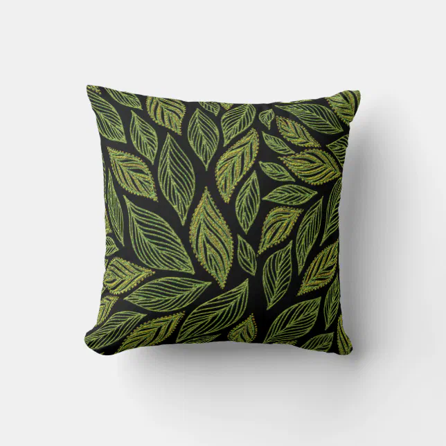 Green Gold Black Leaf Pattern Throw Pillow | Zazzle
