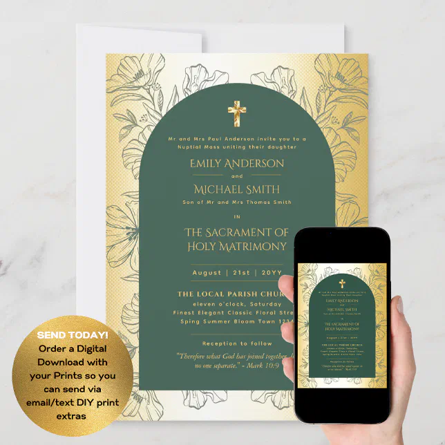 Green Gold Catholic Nuptial Mass Wedding Invitation | Zazzle
