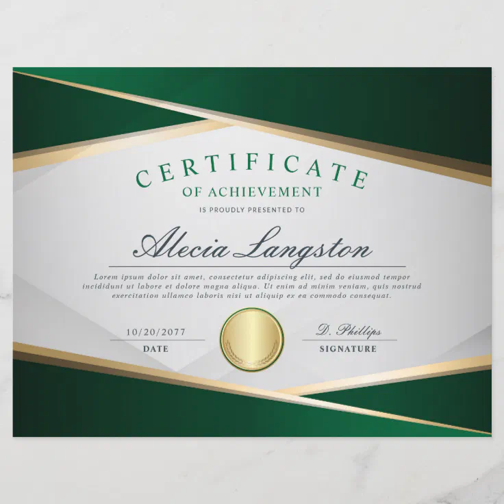 Green & Gold Certificate of Achievement Award | Zazzle