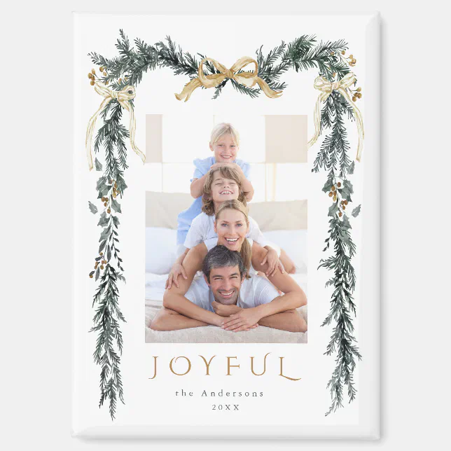 Green & Gold Christmas Frame Photo Holiday Joyful Magnet | Zazzle